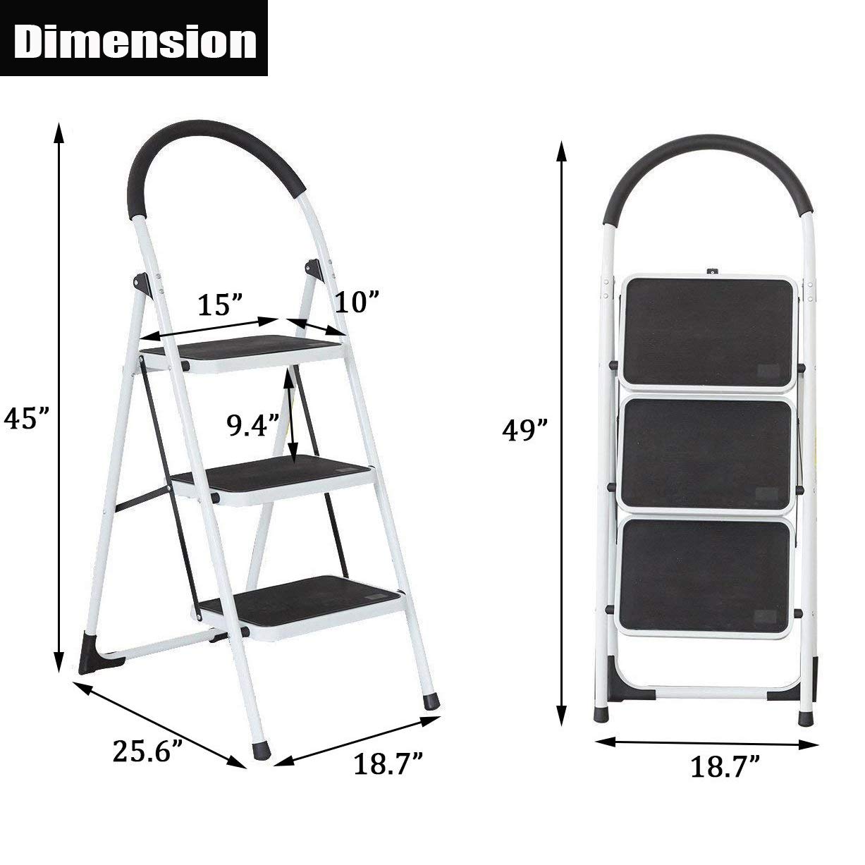 KARMAS PRODUCT Folding 3 Step Ladder Portable Steel Step Stool Wide Platform with Handgrip for Kitchen Home 330lb Capacity