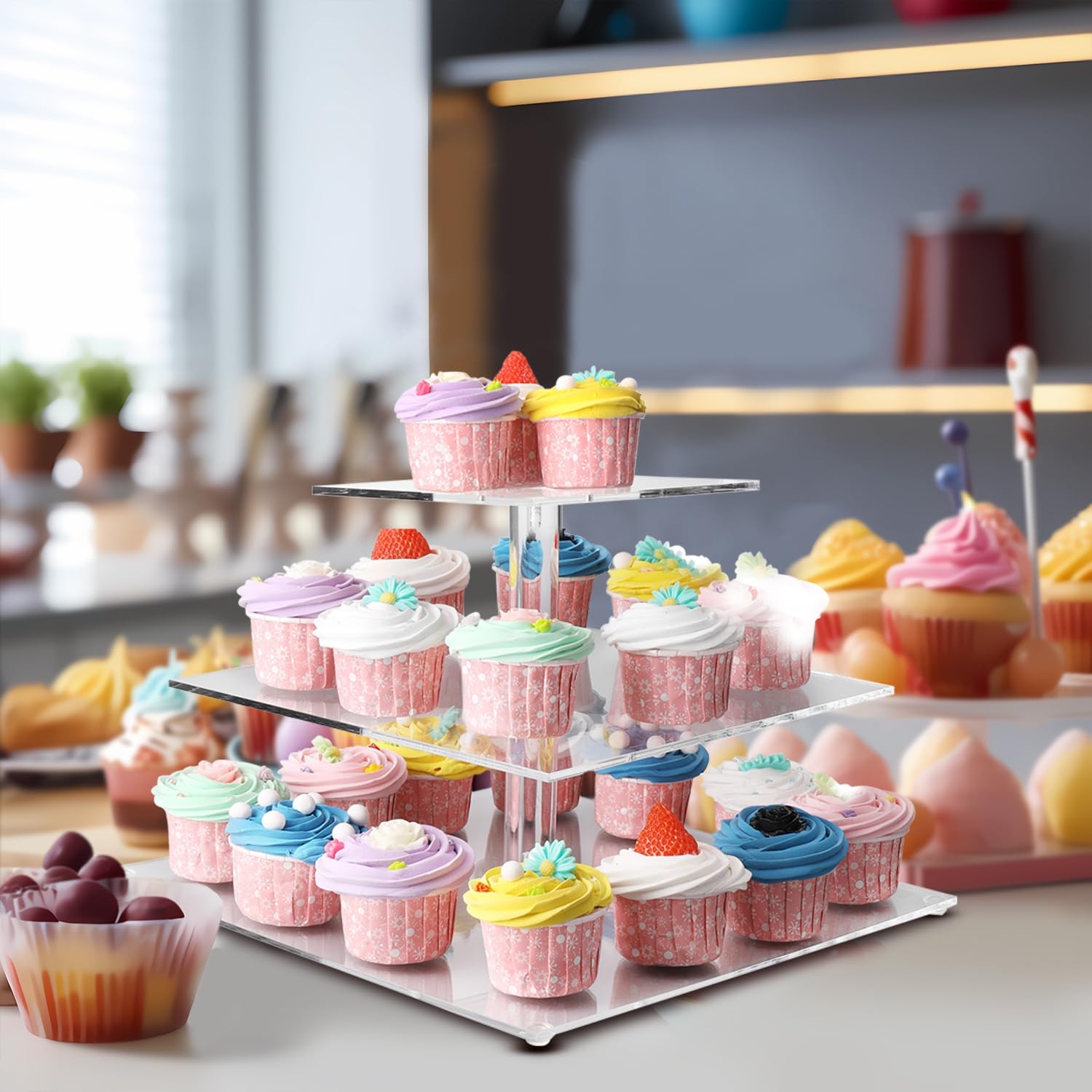Flexzion 3 Tier Cupcake Stand Acrylic Cupcake Holder Tower Dessert Table Display Set Clear Square Stand, Food Display Stands for Party, Weddings, Birthdays, Reusable Mini Cake Tier Stand