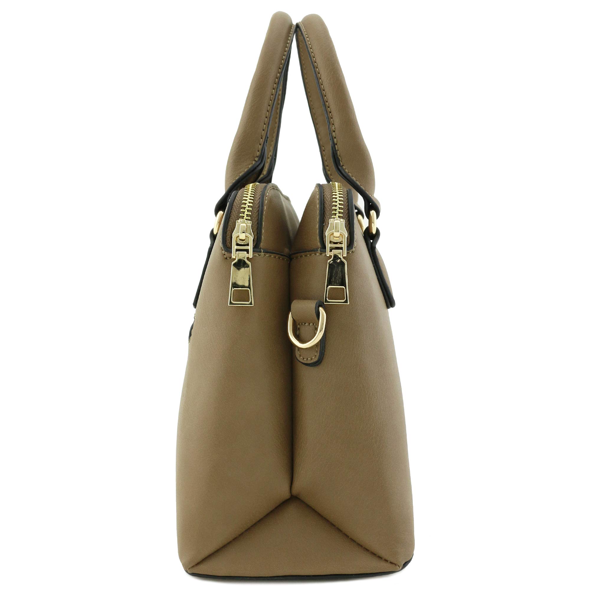 Classic Double Zip Top Handle Dome Satchel Bag (Taupe)
