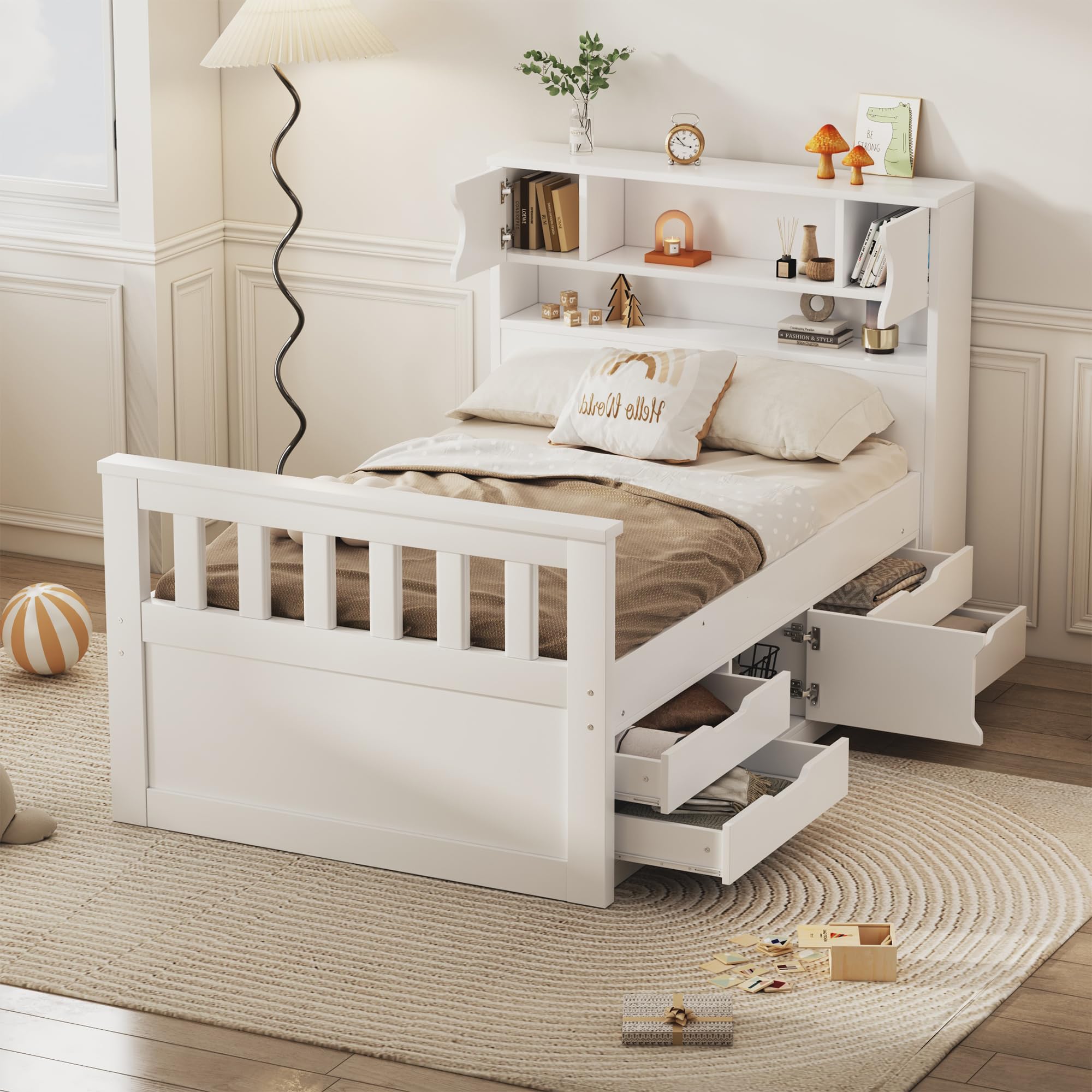 Merax Twin Size Bed Frames with Bookcase Headboard,Kids Wooden Platform Bed with 4 Drawers,White Captain Platform Bed with Storage Underneath