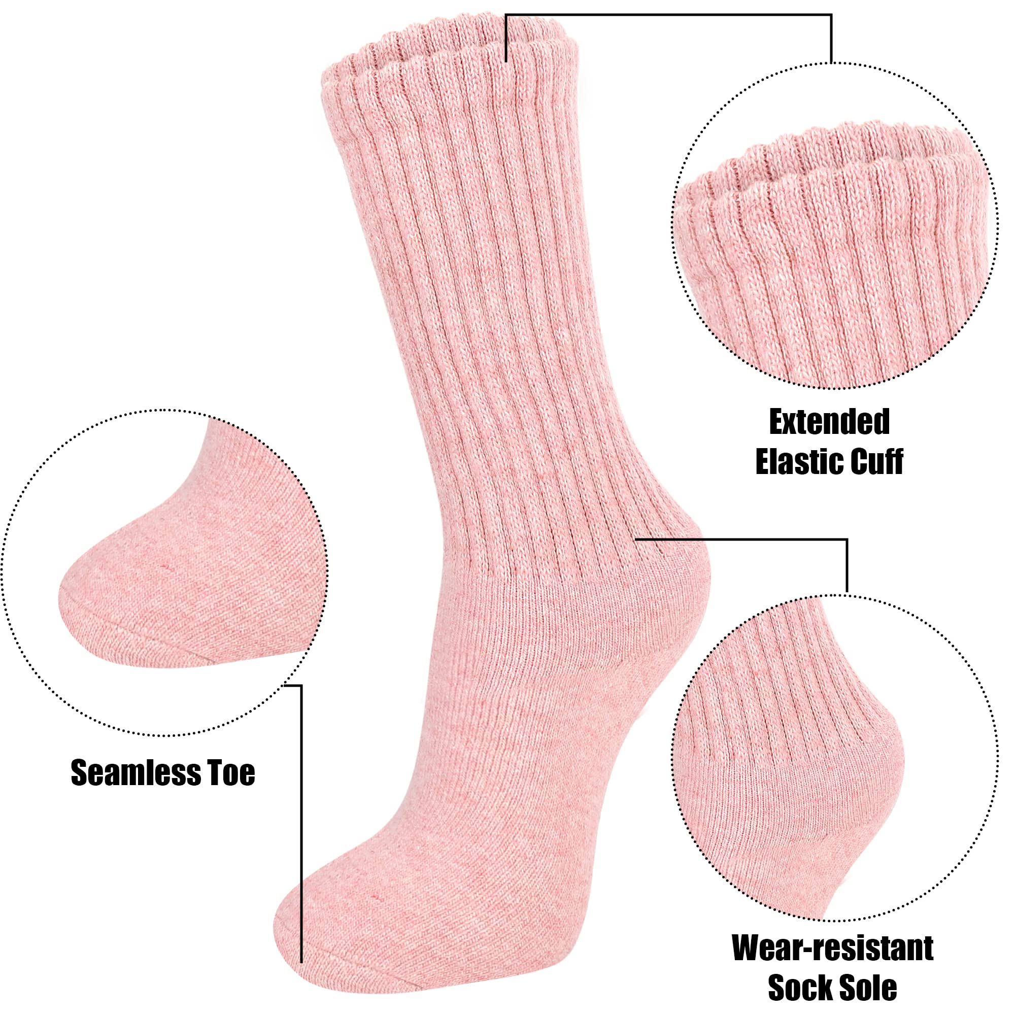 COZYOFFI 3 Pairs Wool Socks for Women Winter Warm Thick Knit Gifts Crew Socks (Wine/Pink/Light Brown)