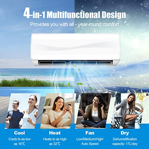 PETSITE 9000 BTU Mini Split Air Conditioner Pre-Charged Inverter Heat Pump System, 17 SEER2 208V-230V Wall Mounted Ductless AC Unit Energy Saving with Installation Kit Cools Rooms up to 450 Sq. Ft, White
