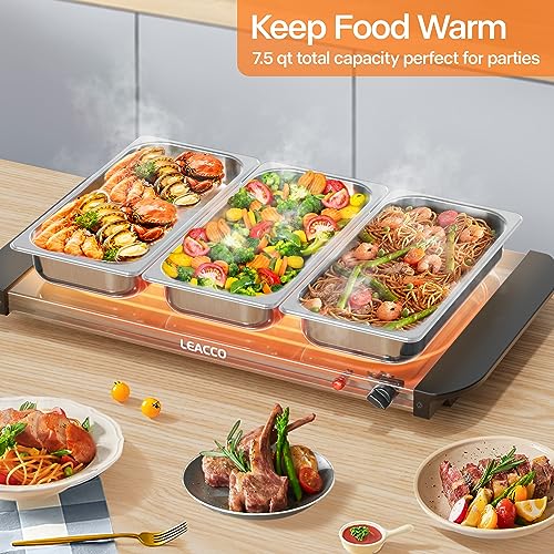 Leacco Buffet Server & Food Warmer, 3 x 2.5Qt Electric Chafing Dish Set, 25 x 14 Warming Tray Stainless Steel for Parties, Catering, Events