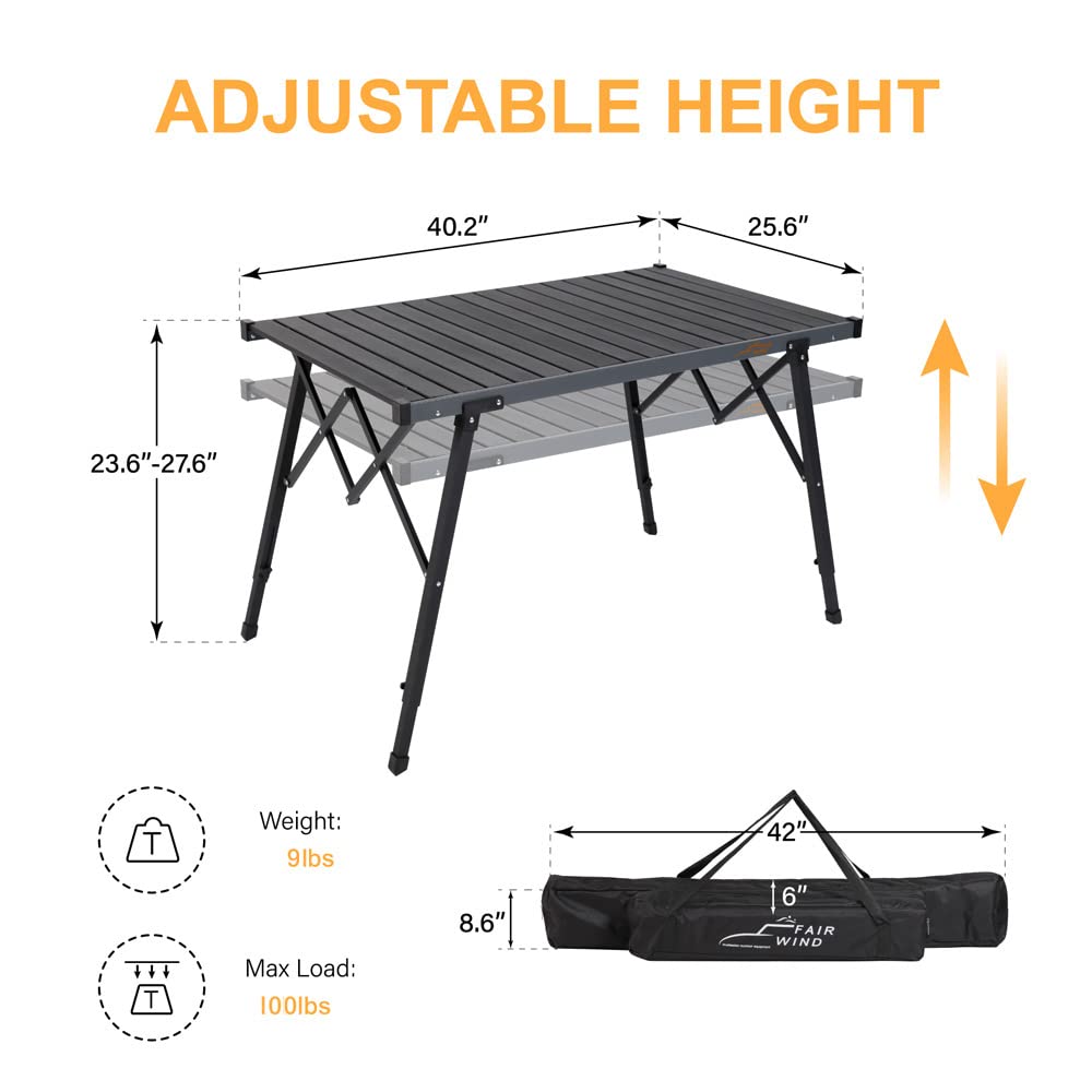 FAIR WIND Outdoor Table Folding Portable Lightweight Aluminum Camping Table with Adjustable Legs Large Camp Table with Carry Bag, 4-6 Person