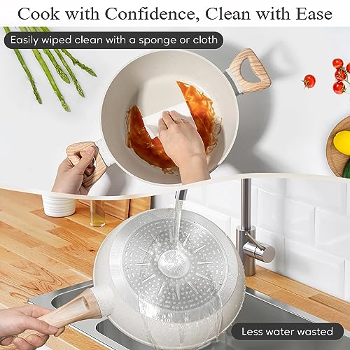 SODAY Pots and Pans Set, Nonstick Kitchen Cookware Sets, 12 Pcs Induction Cookware Granite Cooking Set with PFOS & PFOA Free Frying Pans, Saucepans, Steamer Silicone Shovel Spoon & Tongs (White)