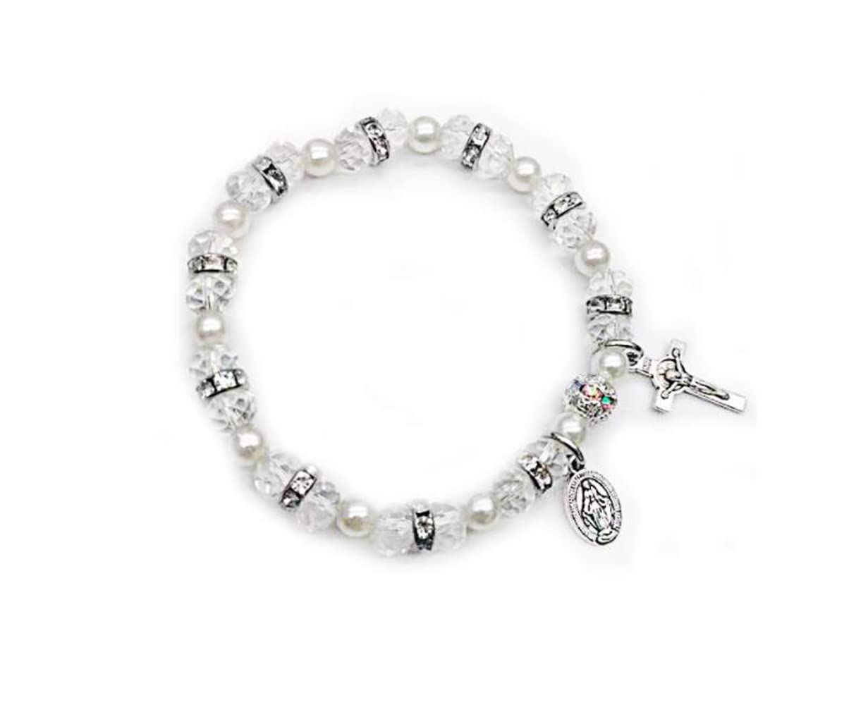 Crystal Cross Bracelet Elastic Beads Stretch Rosary Bracelet with Crucifix and Miraculous Medal for Women
