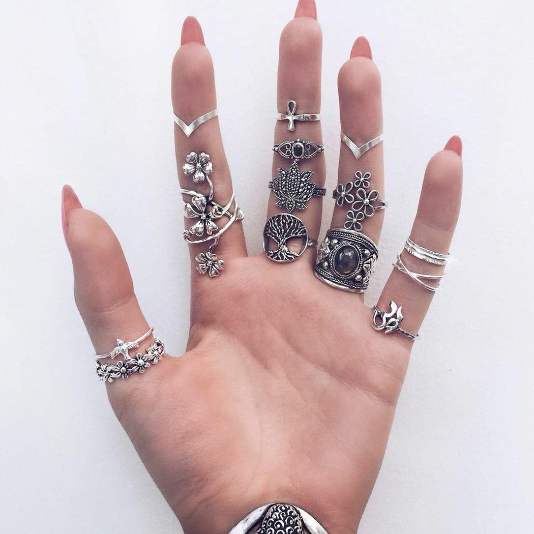 Fashion Ladies Vintage Lotus Openwork Carved Black Gemstone Rings 14 Piece Combination Set (style 1)