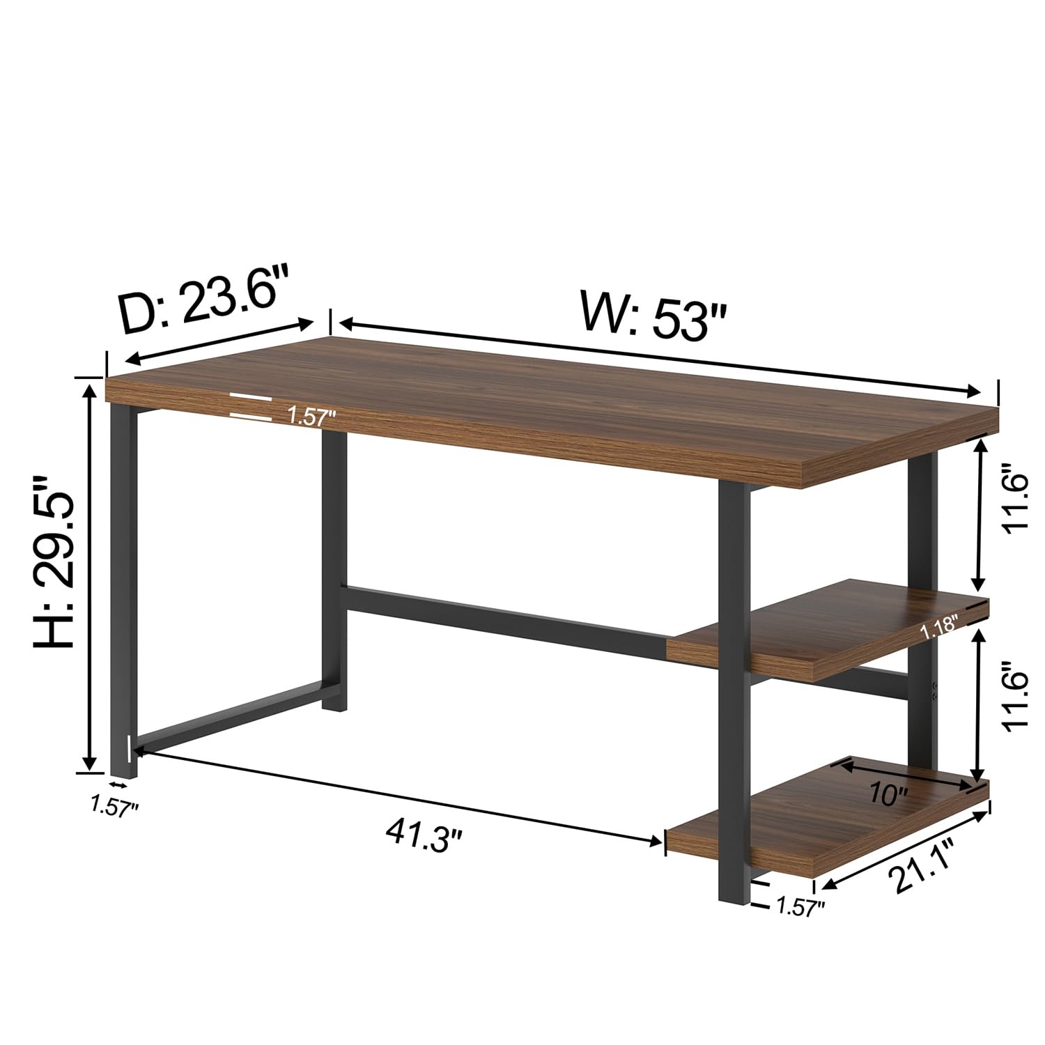 FOLUBAN Modern Computer Desk, Wood Home Office Desk, Study Writing Gaming Table Workstation with Storage Shelves for Living Room Bedroom, Rustic Walnut, 53 Inch