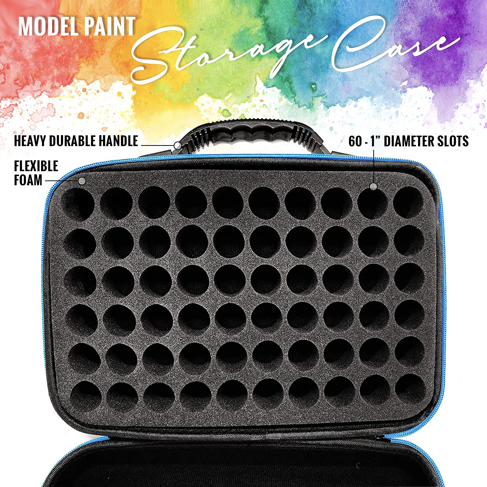 Pixiss Model Paint Storage Case Acrylic Paint Organizer Holder Tray Works with Round Top Hobby Paint Brands, Paint Rack or Paint Holder 60 Slots with 6 Fine Detail Miniatures Paint Brushes