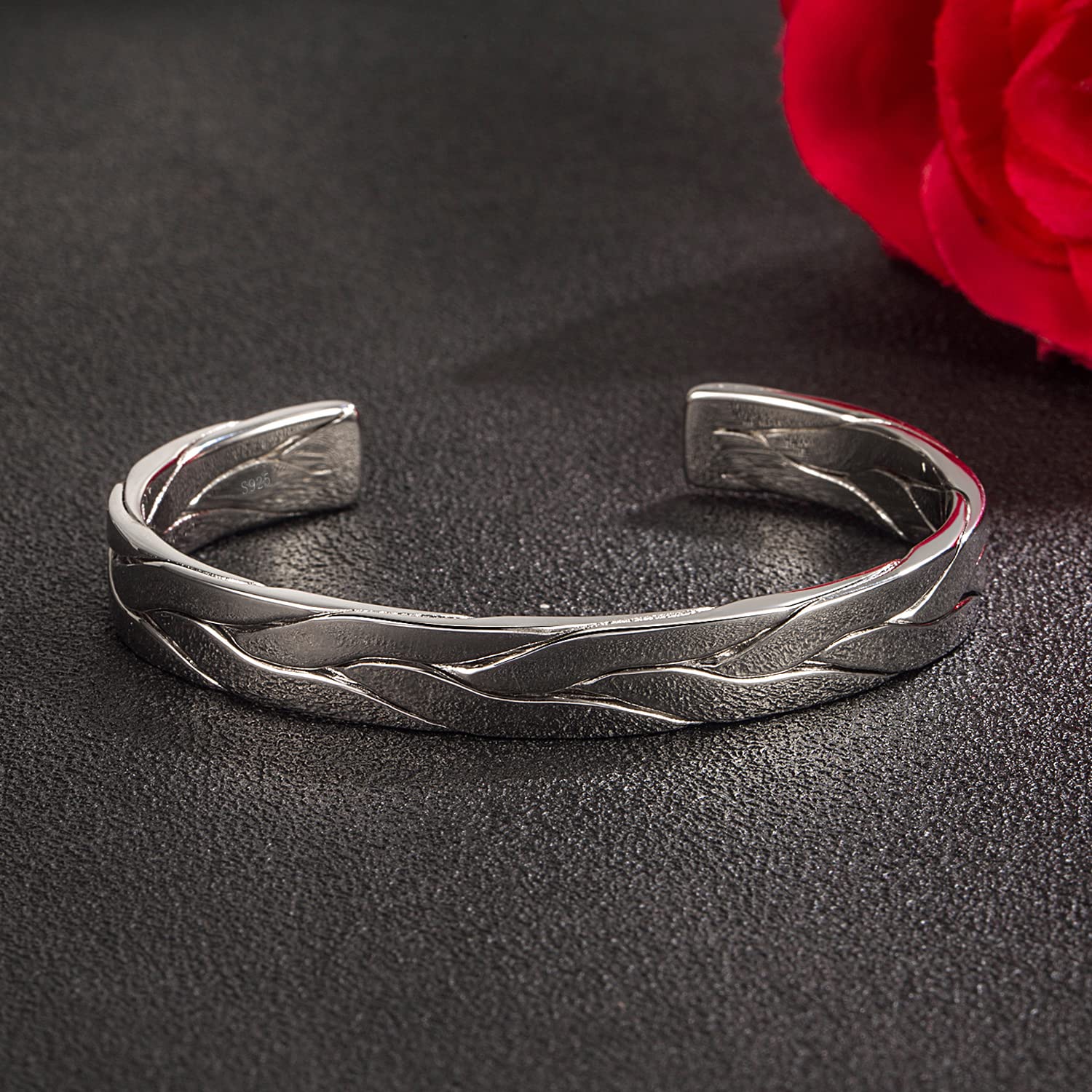 Fashion Men & Women 925 Sterling Silver Bracelet Simple Cuff Bangles Couples Jewelry For Him Her Adjustable Bracelet in a Pretty Gift Box (Width 0.37 inches, Adjustable)