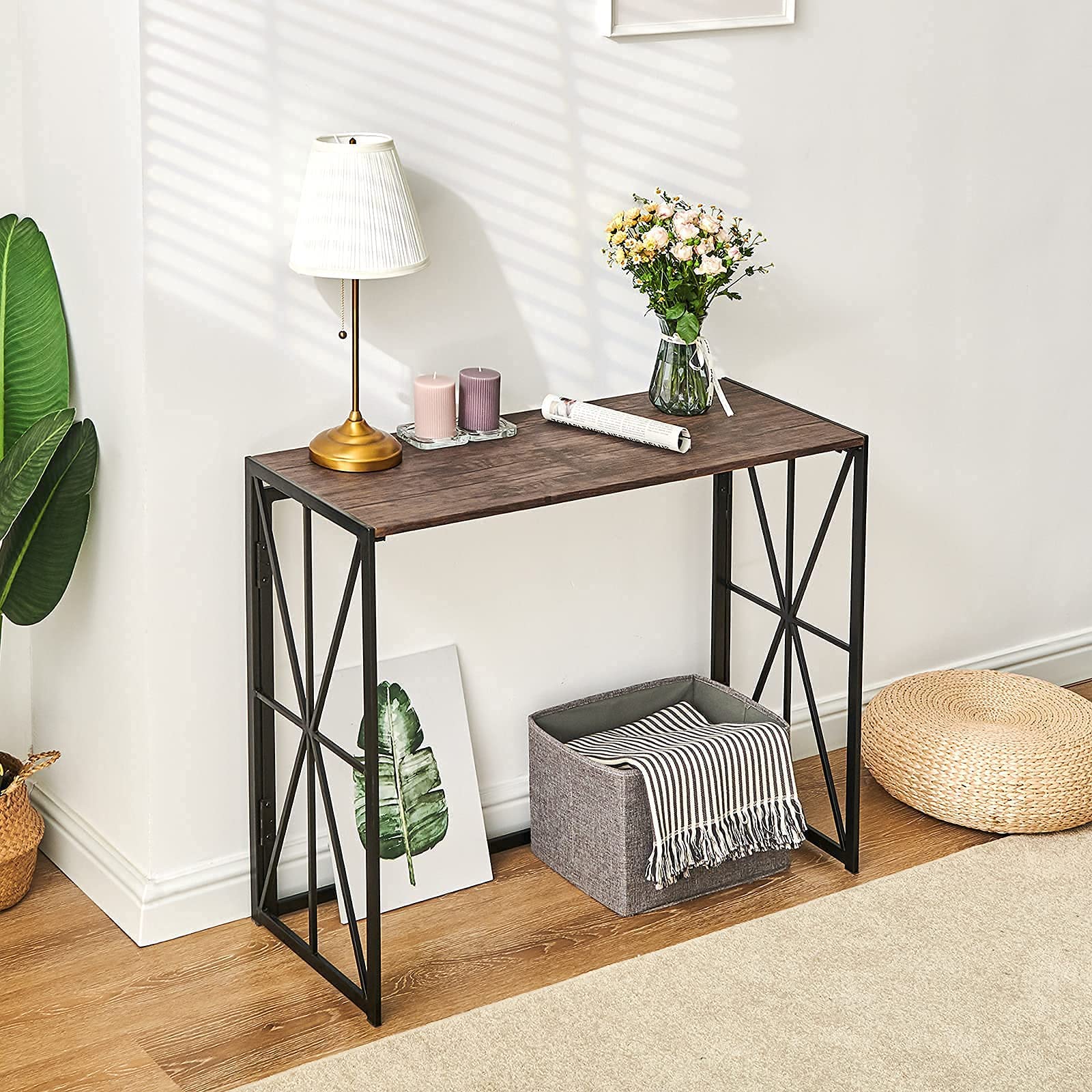 Console Sofa Table for Entryway No Assembly Couch Hallway Wall Table Folding Living Room TV Stand Narrow Entrance Foyer Table Industrial Kitchen Buffet Bar Height Table with Metal X-Frame,Rustic Brown