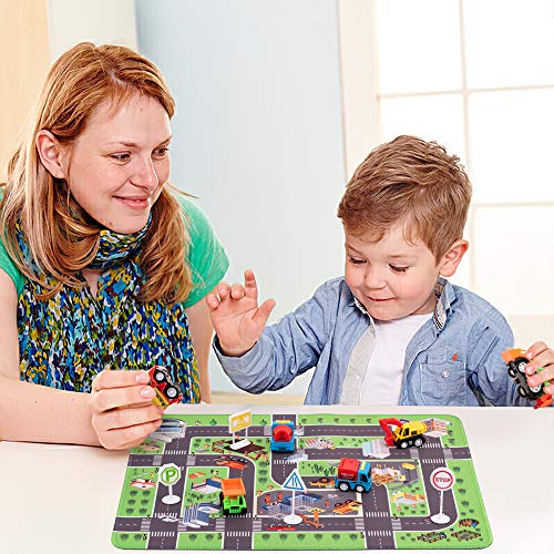 Construction Toys with Play Mat, Engineering Vehicles Set Include 6 Construction Trucks, 4 Road Signs, 14" x 18" Playmat, Pull Back Car Toys, Toys for 3 4 5 Year Old Boys Toddle Kid