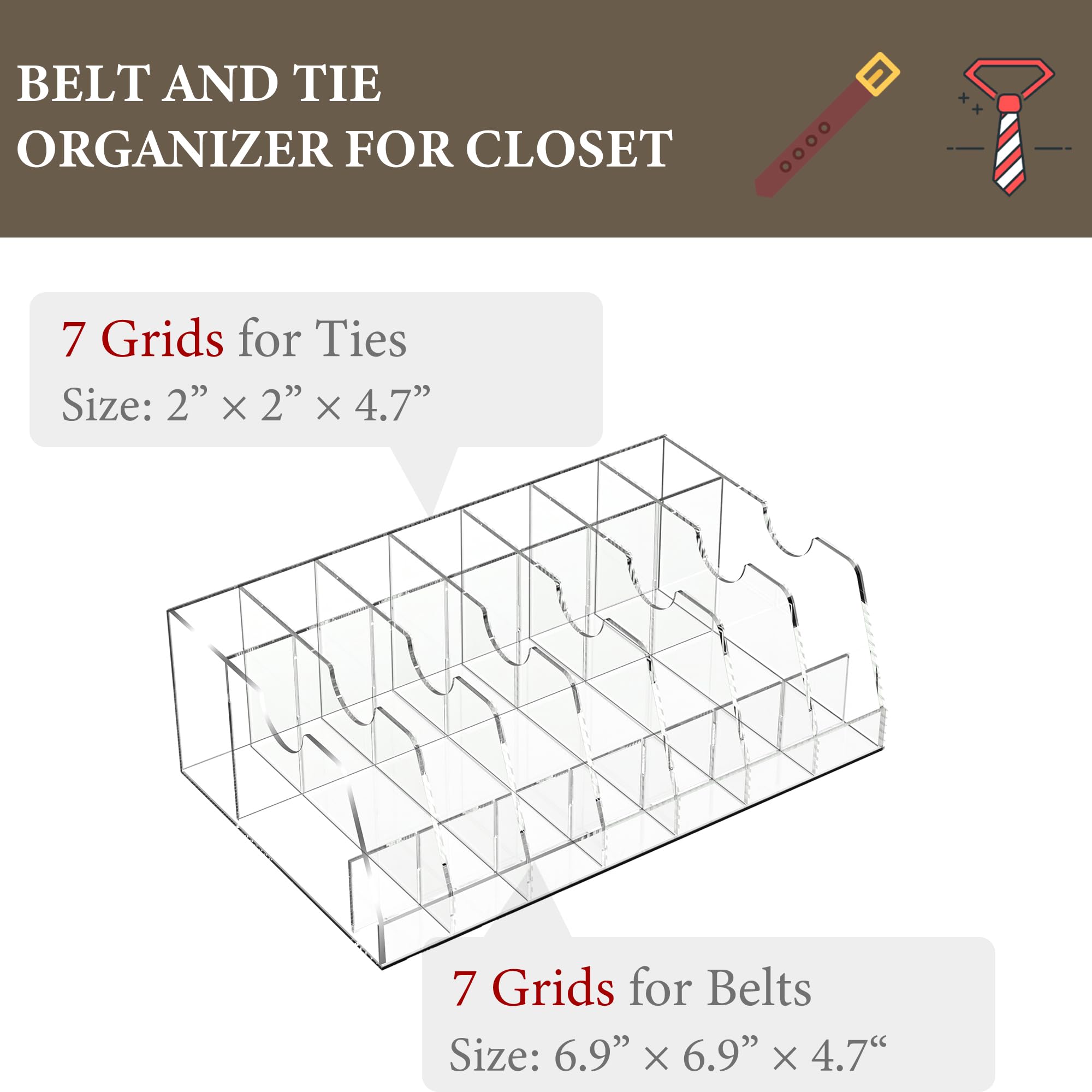 HeiMma Acrylic Belt Organizer for Drawer, Belt and Tie Storage Holder for Closet Neck Tie Box Organizer, 14 Compartment, Large Size