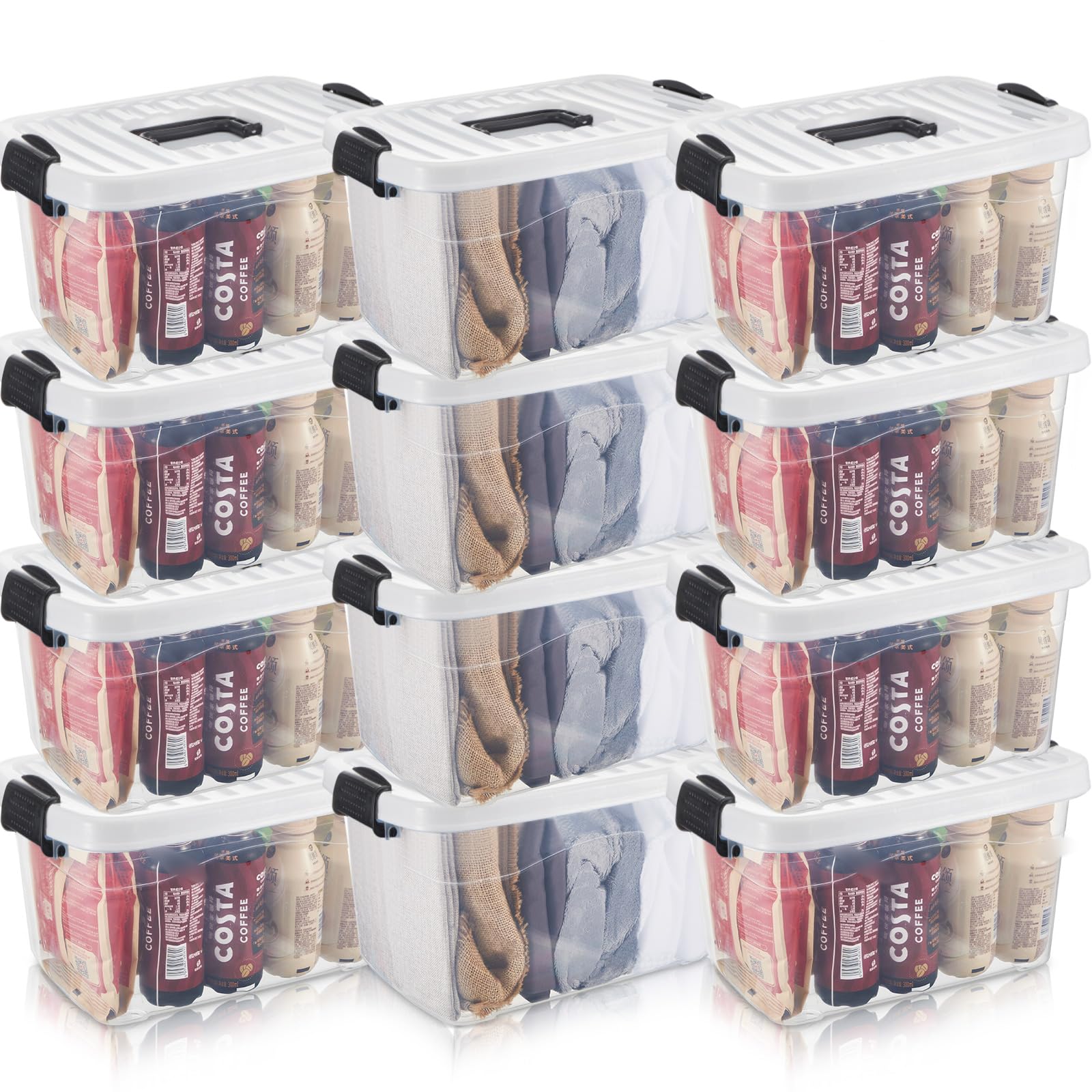 Cunno 12 Pack Plastic Storage Bins with Lids Clear Storage Containers Stackable Plastic Storage Latch Box Organizer with Handle (12 Qt)