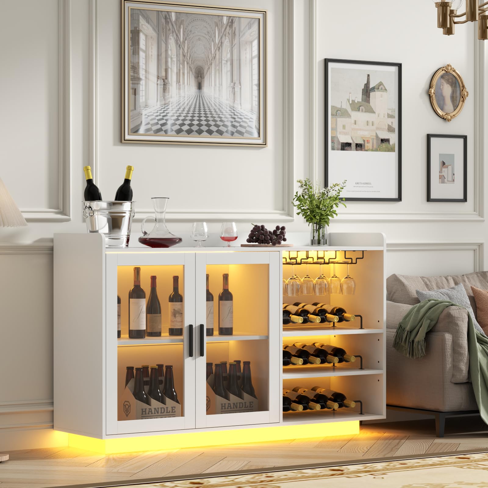 Loomie Wine Bar Cabinet with LED Lights, Floating Coffee Bar with Glass Rack and Removable Wine Racks, Modern Buffet Sideboard with Storage Shelves, Kithchen Bar with Glass Cabinet Doors, Black