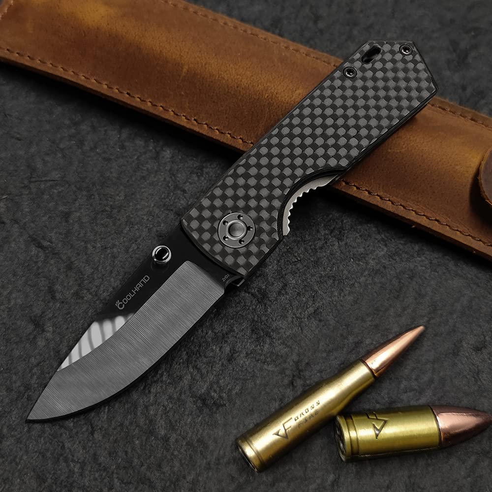 Cool Hand 5.2'' Carbon Fiber Folding Knife, 2'' Polished Black Mirror Ceramic Blade, EDC Foldable Pocket Knife, Liner Lock, 1.5 OZ Light Wight, Ambi Thumb Stud