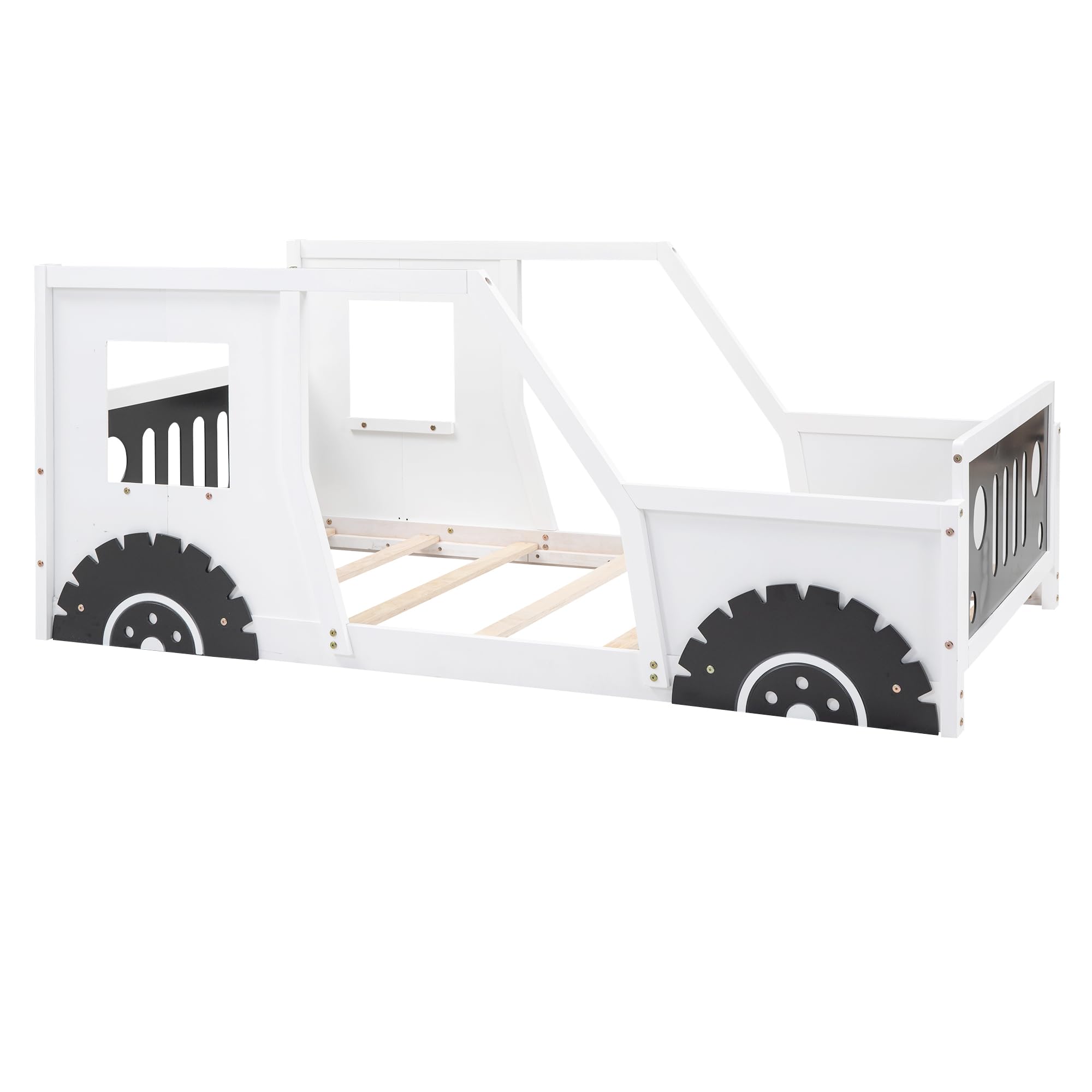 MERITLINE Twin Size Kids Floor Bed with Car-Shaped and Wheels, Wooden Twin Platform Bed Frames with Doors and Windows, Twin Car Bed with Slat Support for Kids Boys Girls, No Box Spring Needed, White