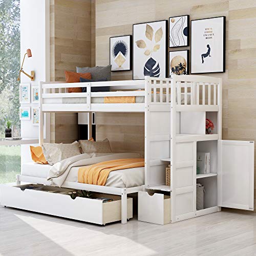 OPTOUGH Twin-Over-Full Bunk Bed with Drawers,Storage and Slide Convertible Bottom BedFrame, White