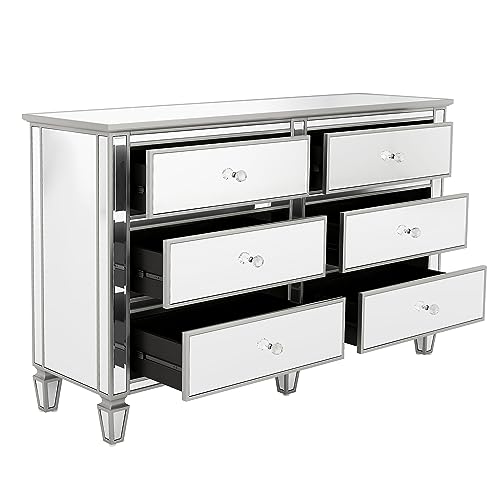 SOFTSEA Modern 6 Drawer Mirrored Dresser, Glass Dresser & Chest of Drawers for Bedroom, Silver Finished Storage Cabinet with Crystal Knobs, Easy Assembly