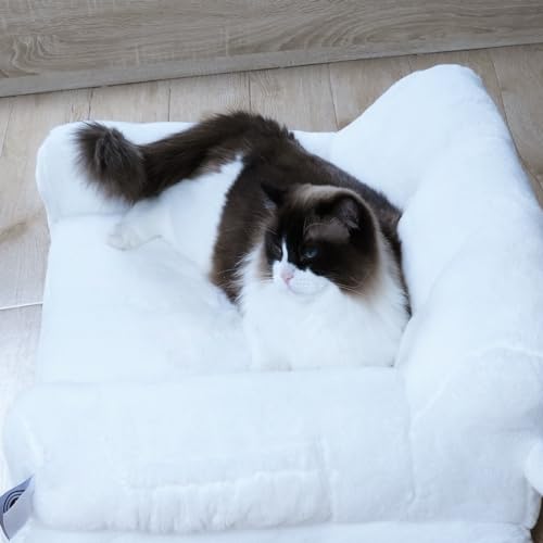 FORMYCATIE Pet Couch Bed, Washable Cat Beds for Medium Small Dogs & Cats up to 25 lbs, Soft Calming Cat Sofa Beds for Indoor Cats Anti-Slip Bottom,Fluffy Cat Couch (White)