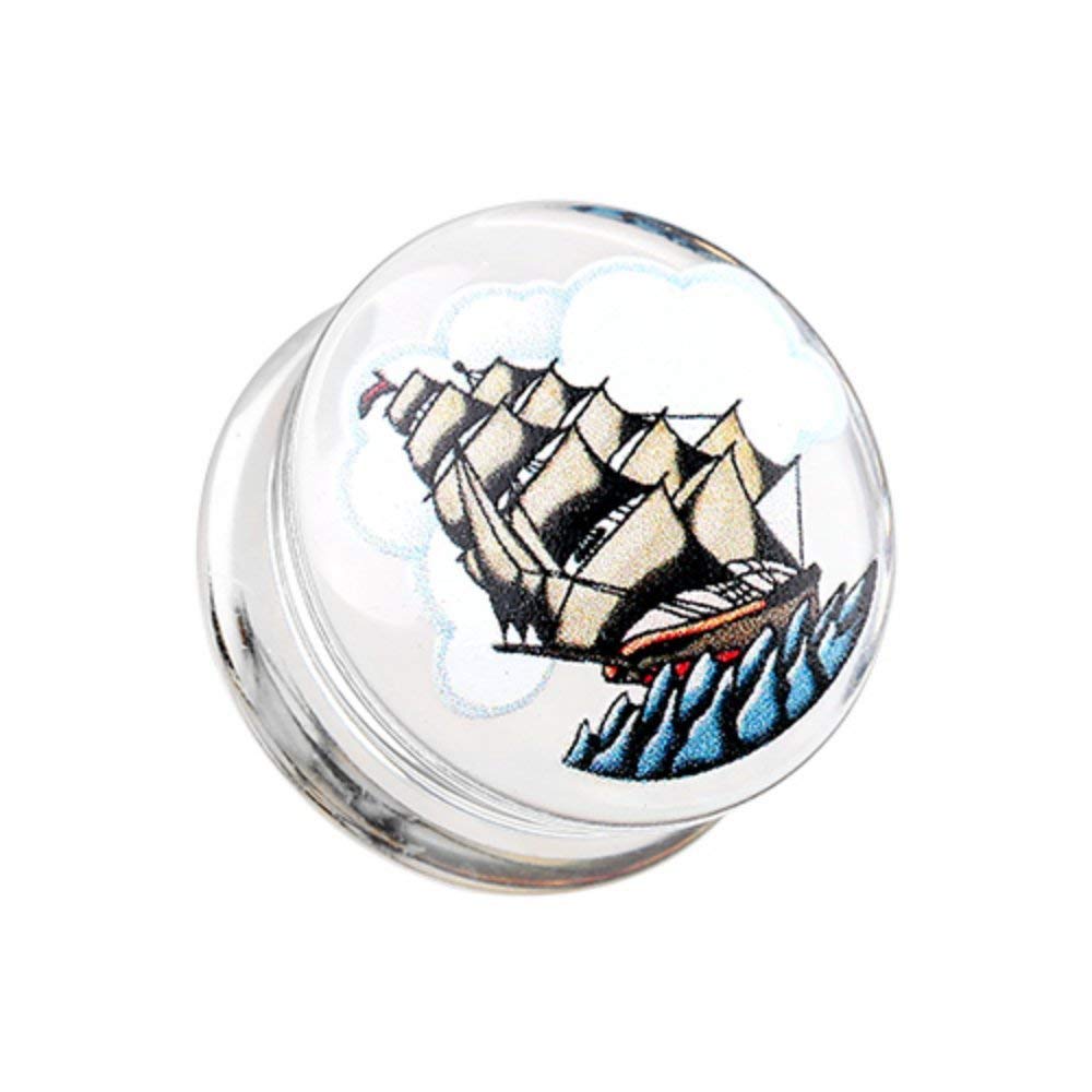 Covet Jewelry Sailing Ship Clear UV Double Flared Ear Gauge Plug (7/8" (22mm))