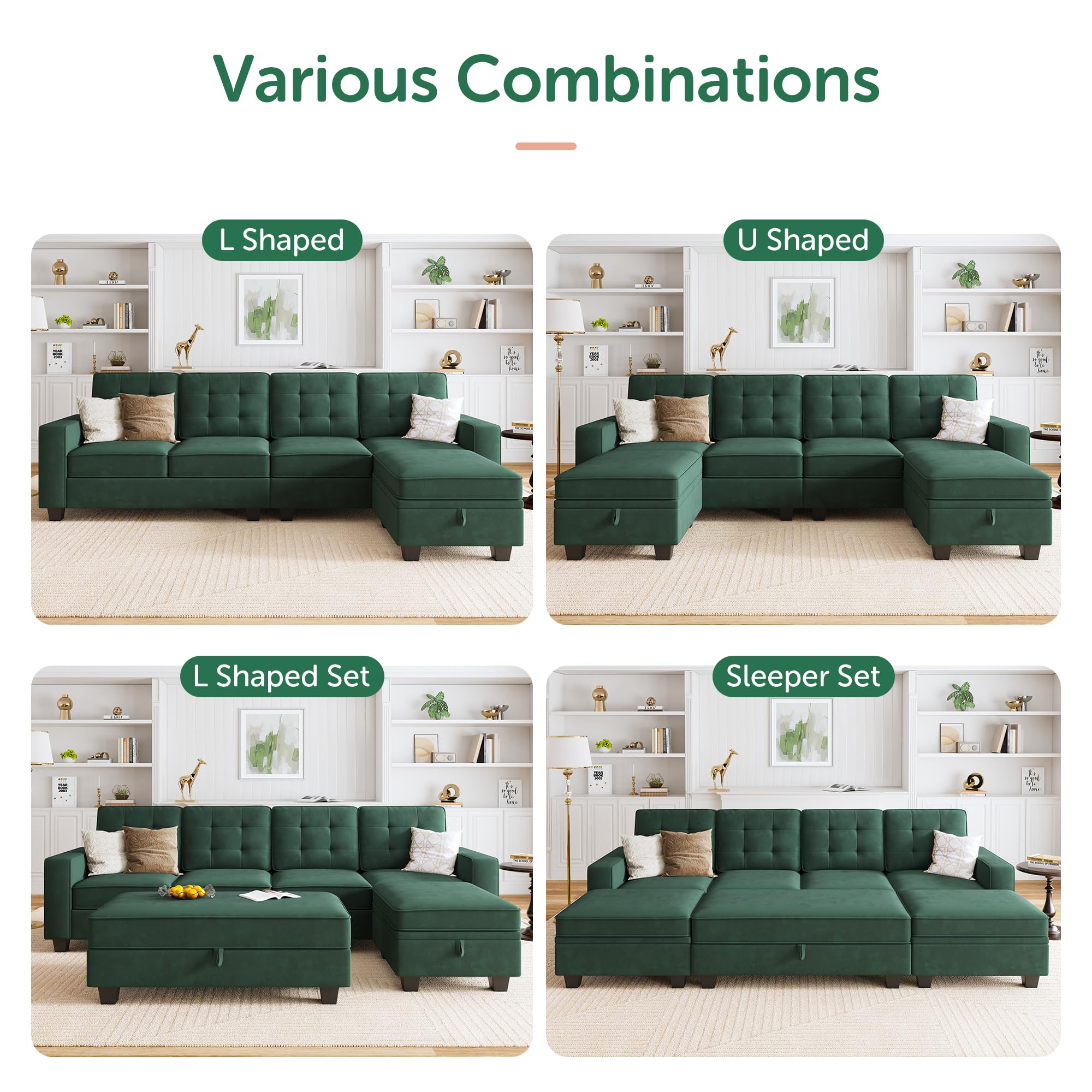 HONBAY L Shaped Sectional Couch Velvet 4-Seater Sectional Sofa with Reversible Chaise for Living Room, Green