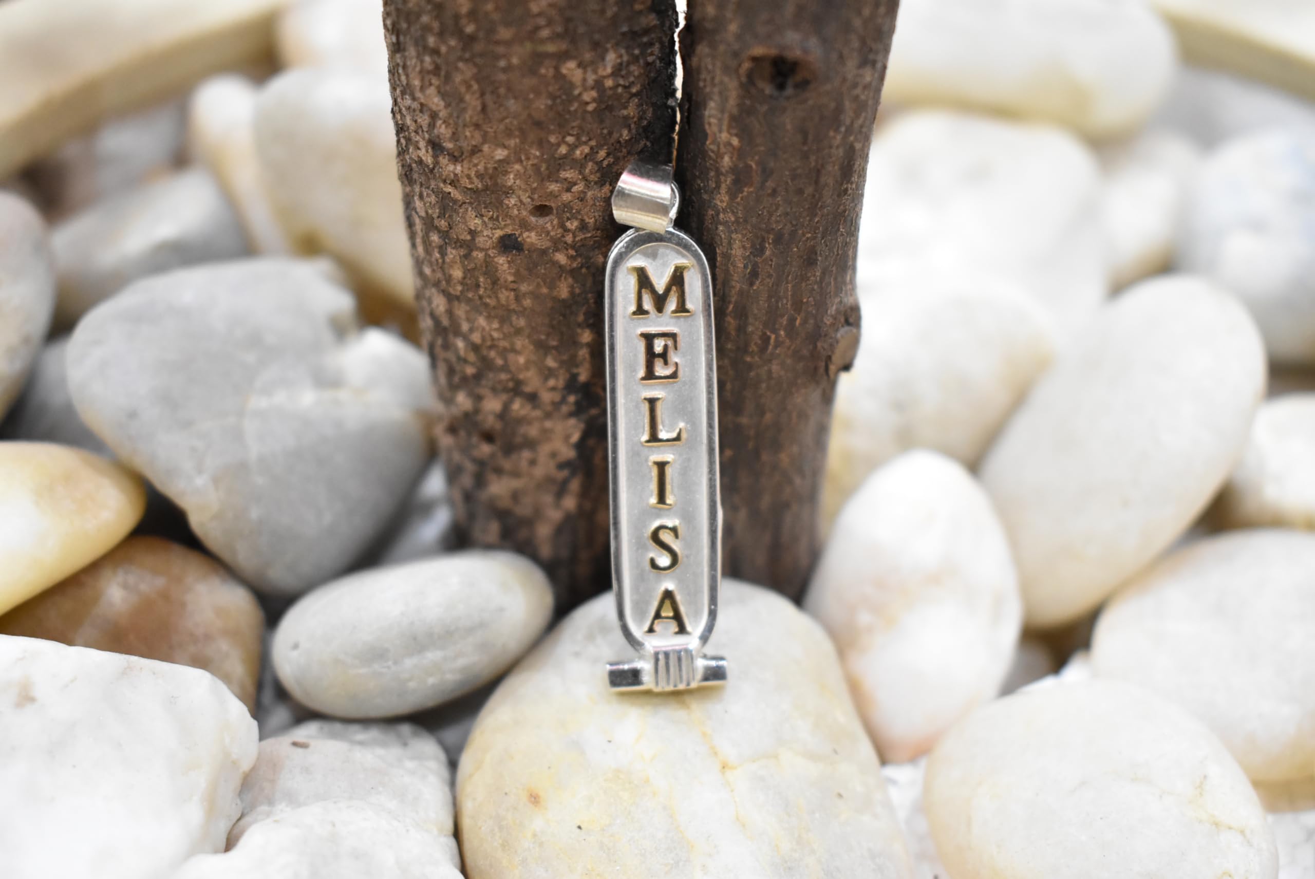 FAMA.store Customize Personalized pendant Egyptian Cartouche Necklace Sterling Silver and 18k gold symbols one Side Translate into Hieroglyphs Handmade in Egypt (1.75 inch (4-5 Letters))