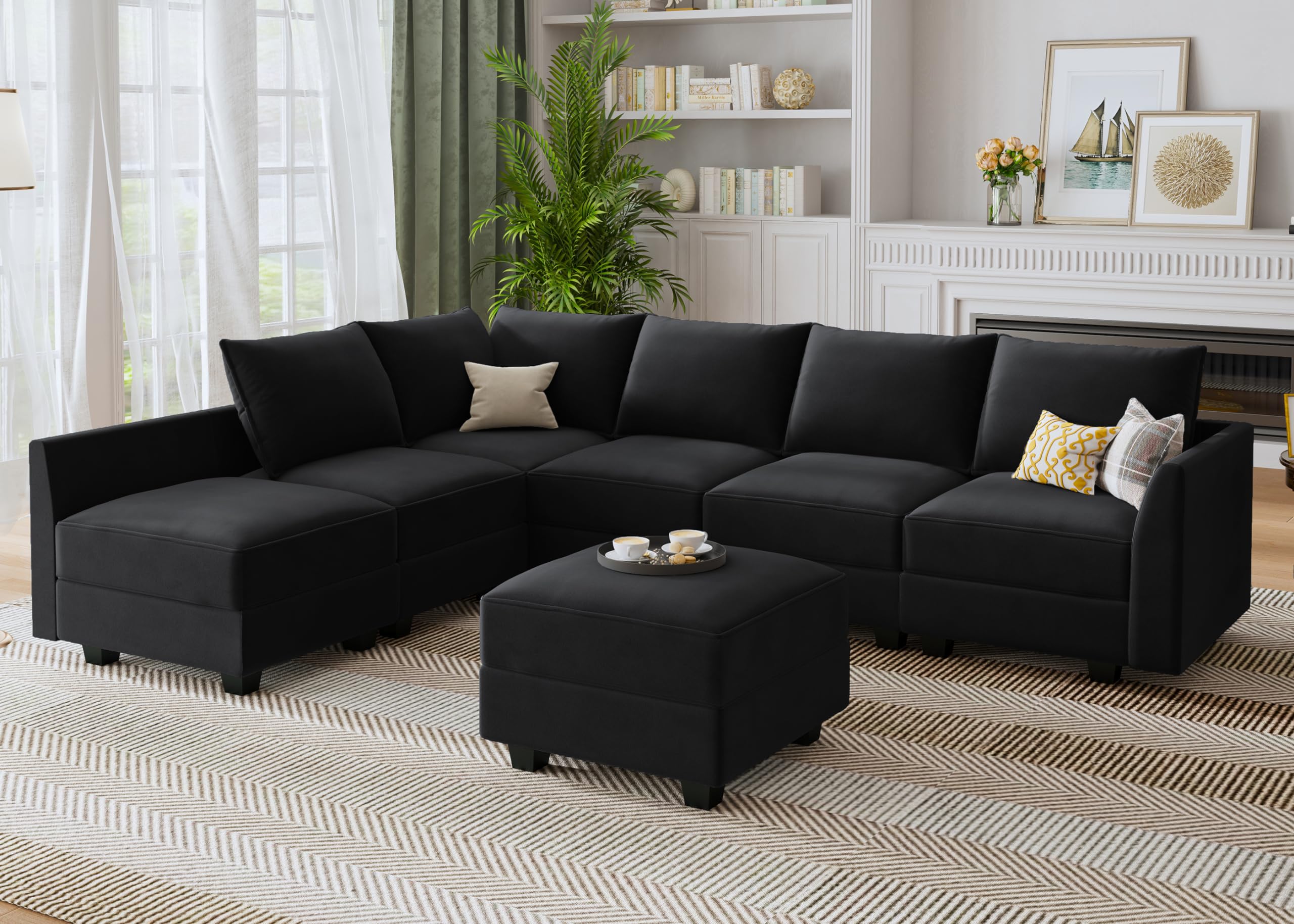 HONBAY Modular Sectional Sofa with Storage Ottoman Velvet Modular Couch with Reversible Chaise L Shape Sectional Couches for Living Room,Black