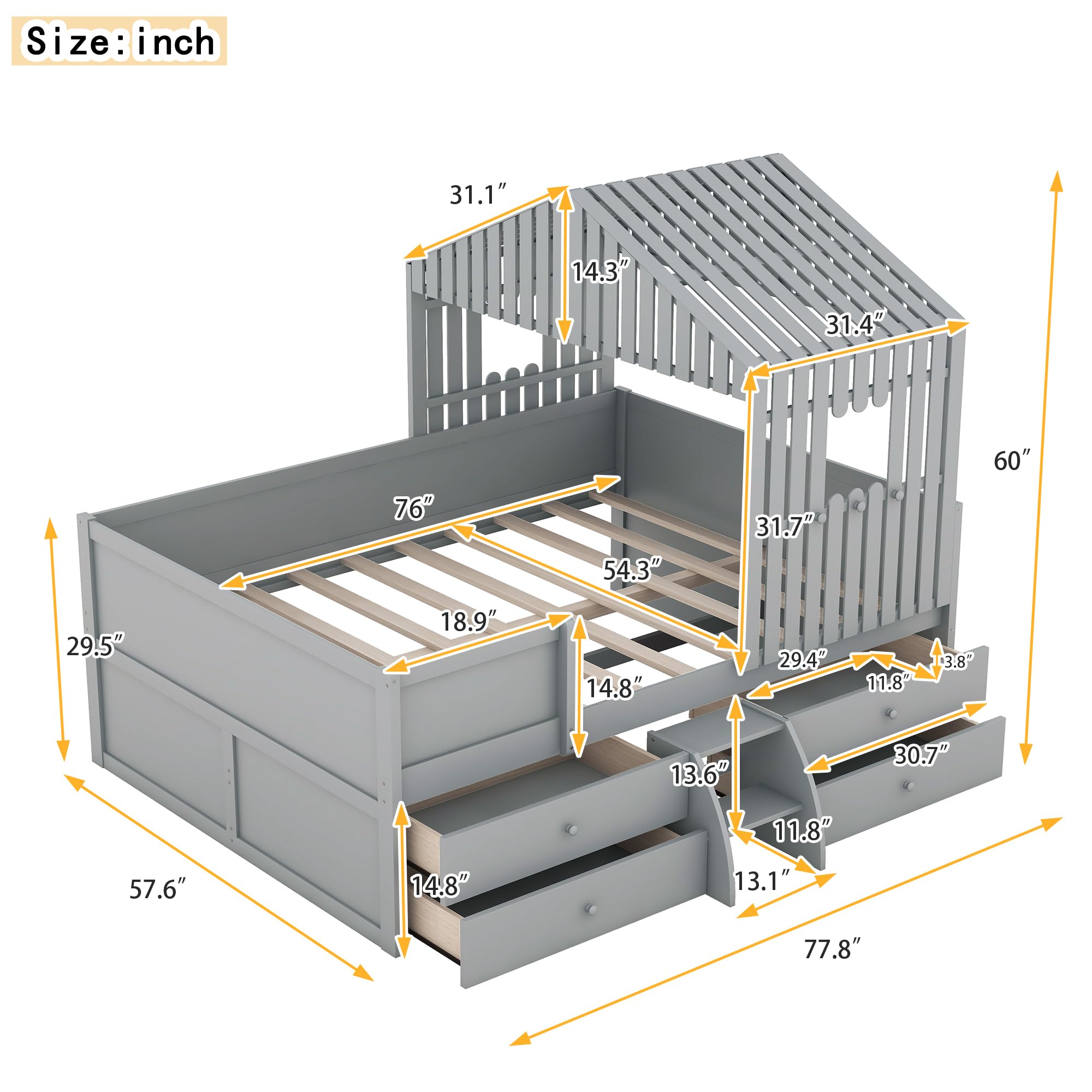 LostCat Full Bed with Storage, Full Size House Low Loft Bed with 4 Drawers, Wooden Platform Bed Frame with Stairs & Guardrail for Kids Teens Adults, No Box Spring Needed, White