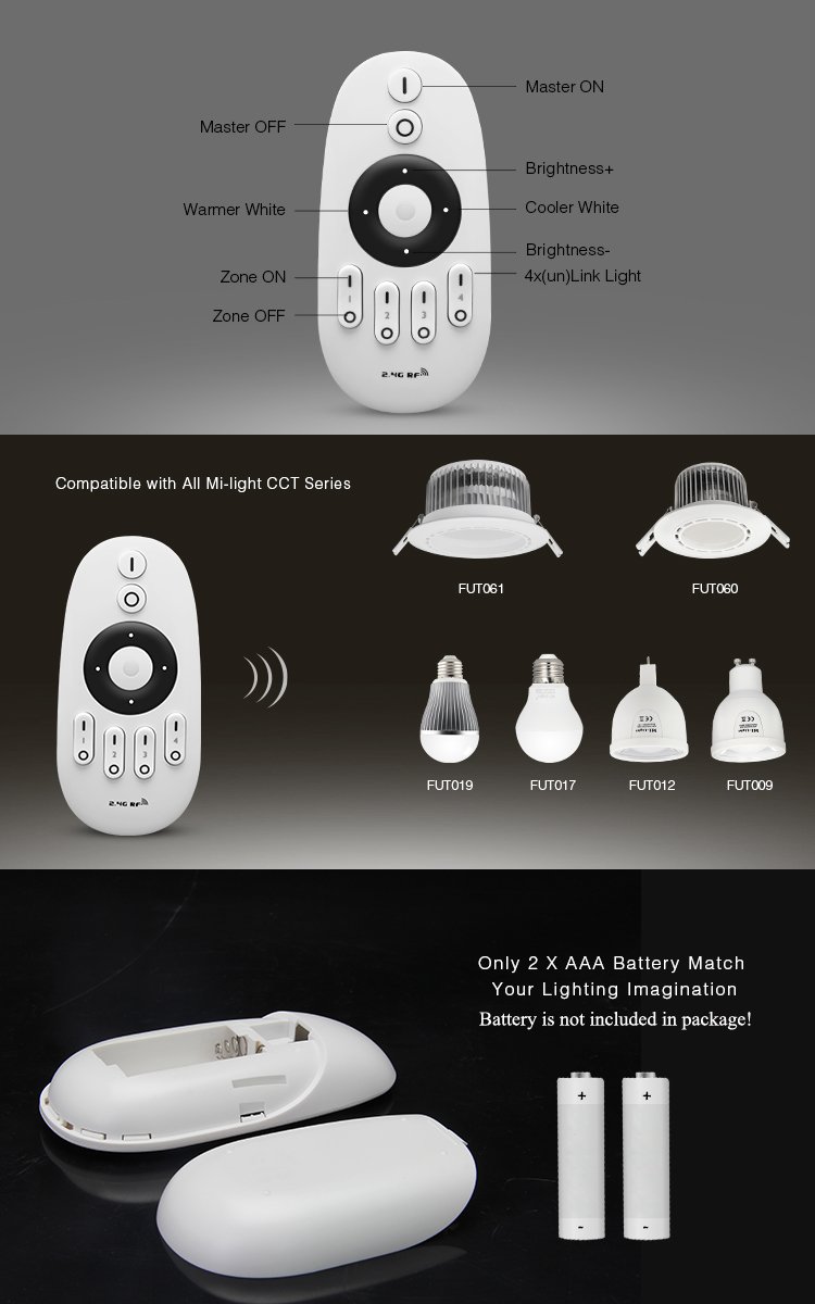 LGIDTECH FUT007 Mi.Light CCT WW+CW 4-Zone Remote Controller (Battery Not Included) for Milight/Miboxer Color Temperature Adjustable LED Lamps and LED Strip Light Controller FUT035 FUT036