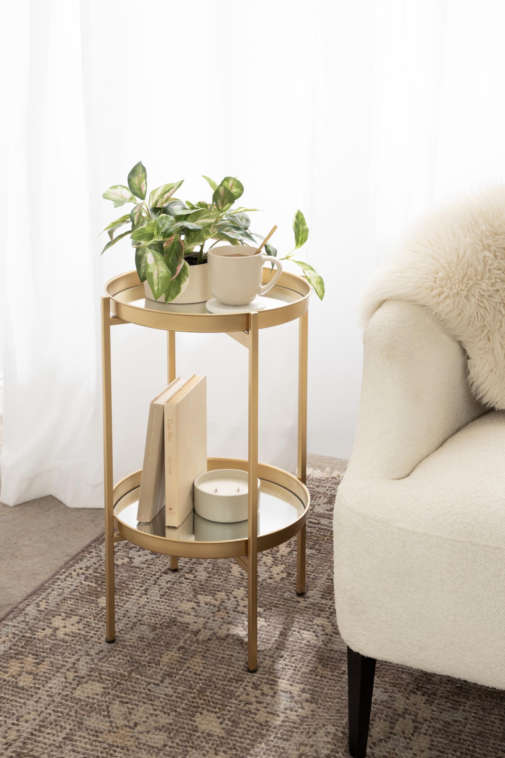 Kate and Laurel Celia Transitional Round Accent Tray Table with Magnetic Removable Tops and Foldable Base, 16x16x25, Gold