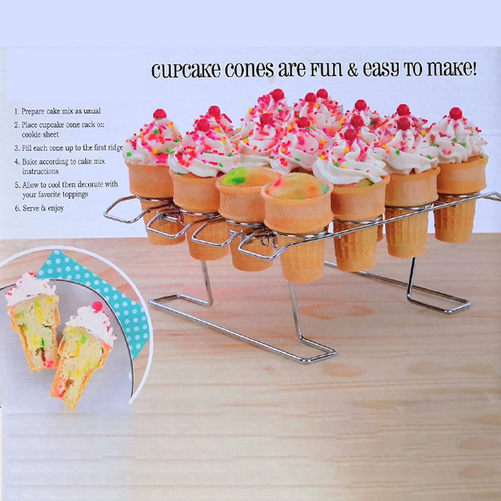 Cupcake Cone Baking Rack, Ice Cream Cone Baking Rack 16 Cavity Stainless Steel Ice Cream Cone Holder Stand Metal Waffle Cones Holder Foldable Cake Decorating Pastry Tray for Baking, Cooling, Display