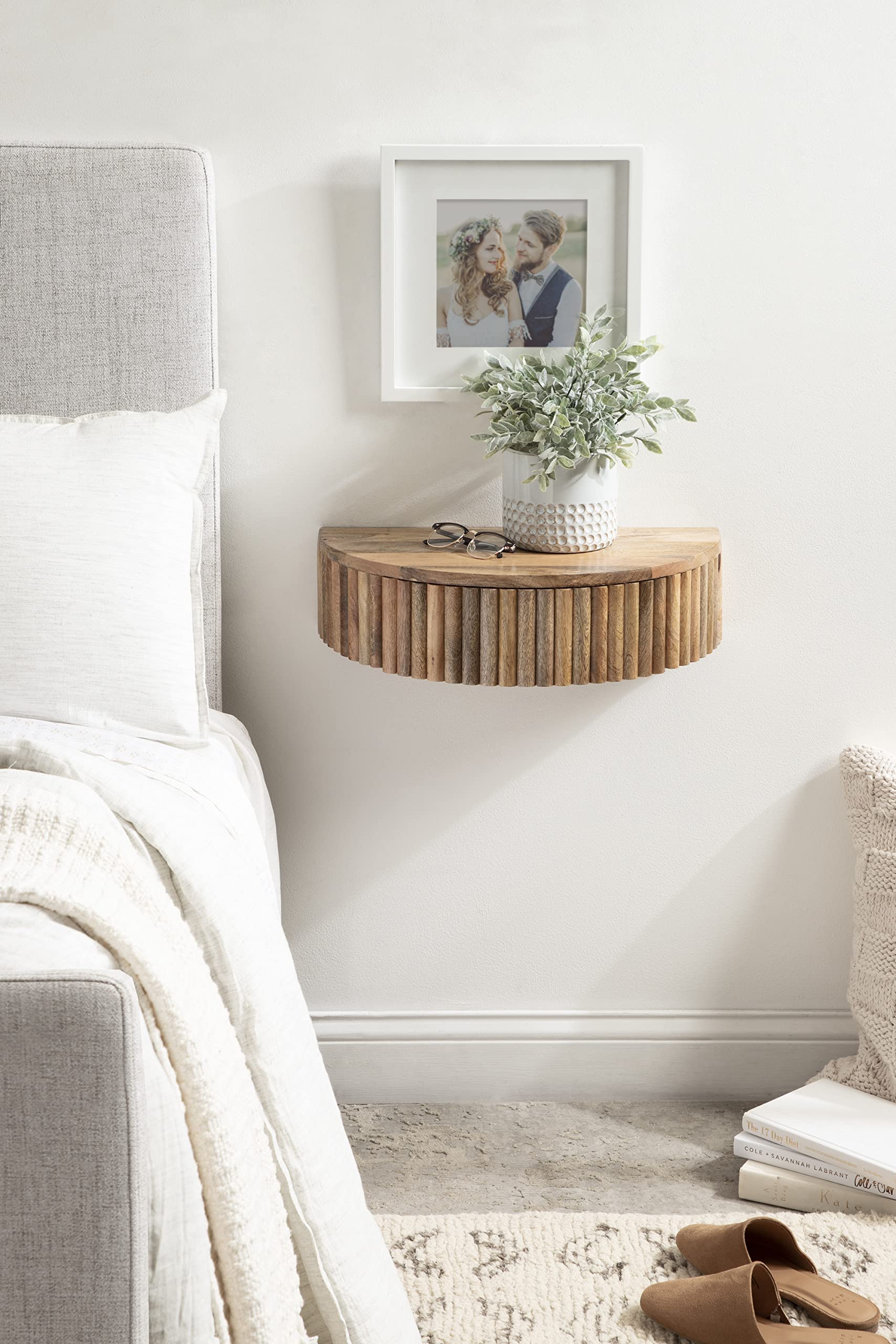 Kate and Laurel Reid Ribbed Wooden Floating Side Table, 20 x 11 x 6, Black, Modern Wood Floating Nightstand with Drawer for Extra Storage and Added Functionality