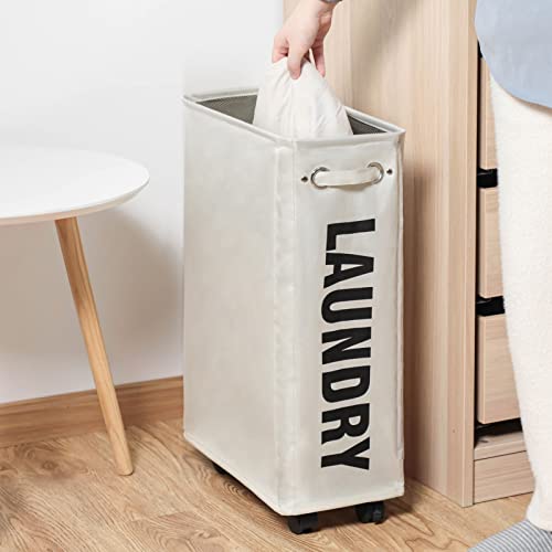 DOKEHOM 25-Inches Slim Laundry Basket on Wheels, Collapsible Rolling Laundry Hamper, Foldable Narrow Corner Clothes Storage Bins (Beige)