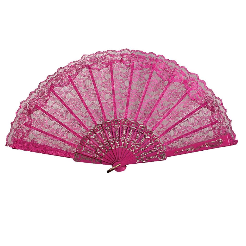 Fan Lace Wedding Chinese Silk Style Party Folding Hand Flower Dance Held Fans Wall Mount Fan Small (Hot Pink, One Size)