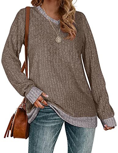 Long Sleeve Tops for Women V Neck Lightweight Tunic Sweaters Color Block Coffee XL