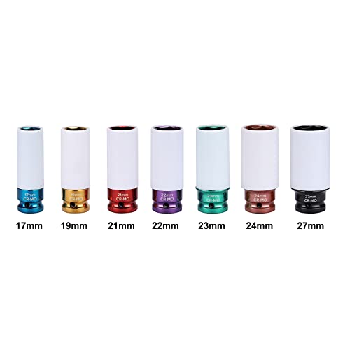 EMENTOL 7PCS 1/2" Drive Thin Wall Deep Wheel Protector Impact Socket Set, CR-MO, Lug Nut Impact Socket Set-17mm, 19mm, 21mm, 22mm, 23mm, 24mm, 27mm