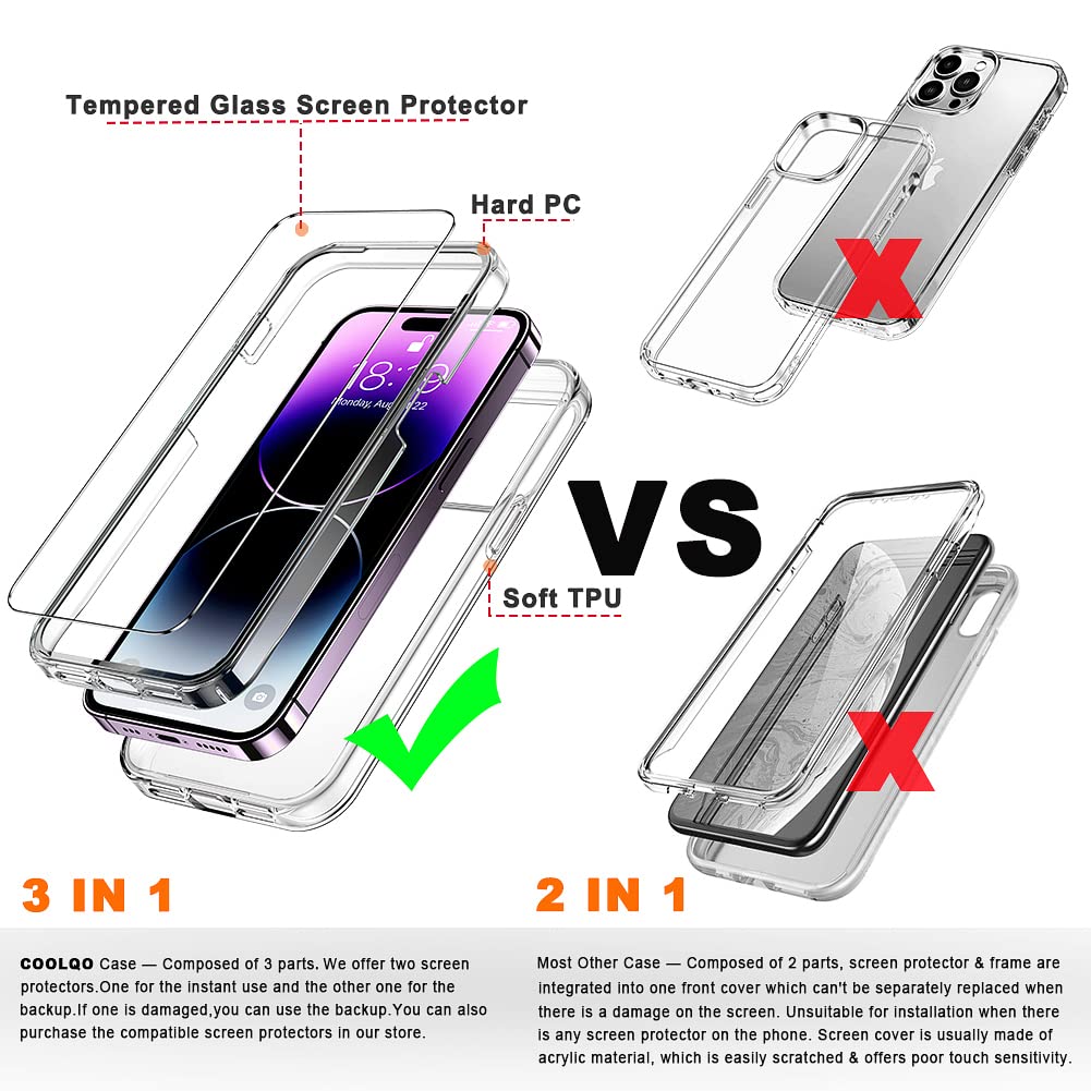COOLQO Compatible for iPhone 14 Pro Max Case 6.7 Inch, with [2 x Tempered Glass Screen Protector] Clear 360 Full Body Protective Coverage Silicone 14 ft Military Grade Shockproof Phone Cover Black