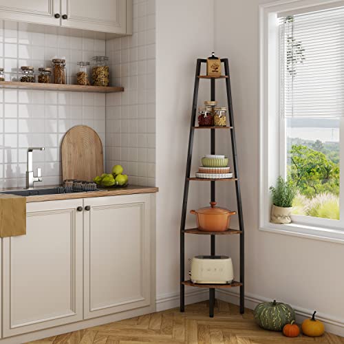 Hoctieon Corner Shelf, Industrial 5-Tier Corner Bookshelf, Rustic Corner Ladder Shelf, Corner Bookcase for Small Spaces, Bedroom, Living Room, Home Office, Kitchen, Balcony, Rustic Brown
