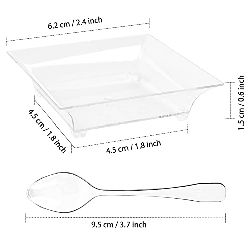 Qeirudu 100 Pack 1 oz Mini Plastic Plates for Appetizers - Small Dessert Plates with Spoons Reusable Square Appetizer Bowls Tiny Individual Serving Trays