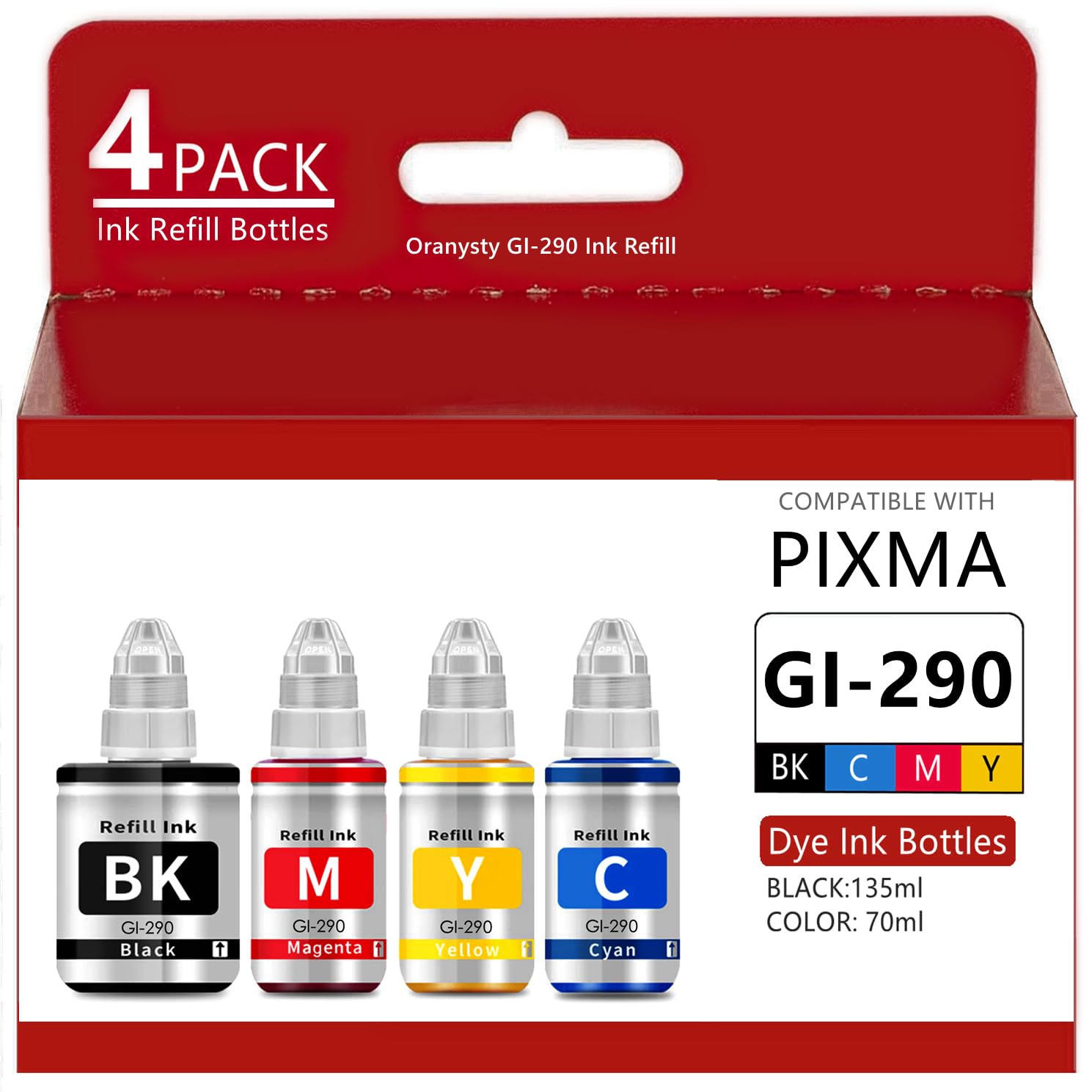 Compatible GI290 Refill Ink Bottles Replacement for Canon PIXMA G1000 G1200 G1800 G2100 G2200 G2400 G2800 G3200 G3600 G3800 G4100 G4600 G4210 megatank Inkjet Printer.1Bk,1C,1M,1Y,