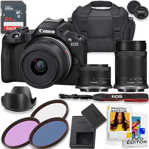 Canon EOS R50 Mirrorless Camera w/Canon RF-S 18-45mm is STM Lens and RF-S 55-210mm is STM Lens + 64GB Memory Card + Case & More