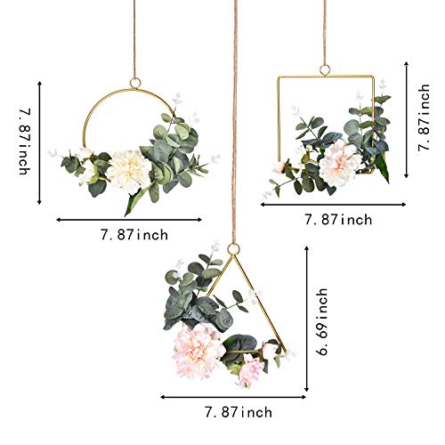 Dolicer Floral Hoop Wreath, Geometric Wire Round Triangle Square Hoop Frame of Artificial Peony Flower and Eucalyptus Vine Wreath for Wedding Backdrop Wall Garden Balcony Home Decor, 3 Pcs, White…