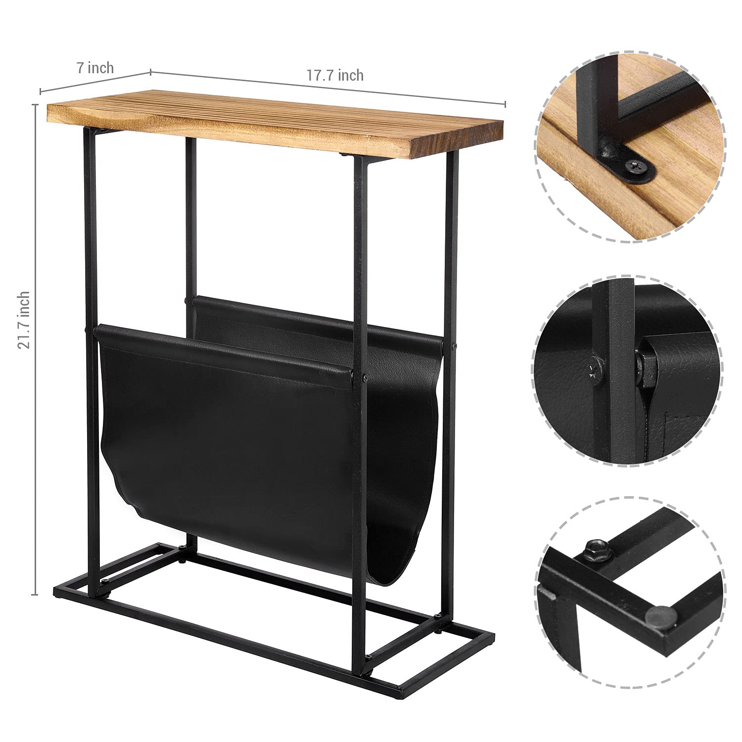 MyGift 21-Inch Modern Narrow Living Room End Table with Solid Burnt Wood Tabletop and Black Metal Frame, Bedroom Nightstand Side Table with Magazine Holder Sling