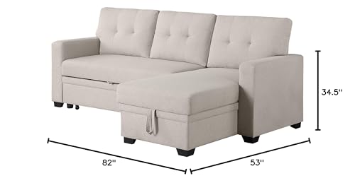 LOVMOR 82 inch L-Shape Sofa Sectional Couch Convertible Sleeper with Storage Chaise and Pull-Out Bed, Linen Upholstered Reversible Corner 3 Person Couch, for Living Room, Apartment