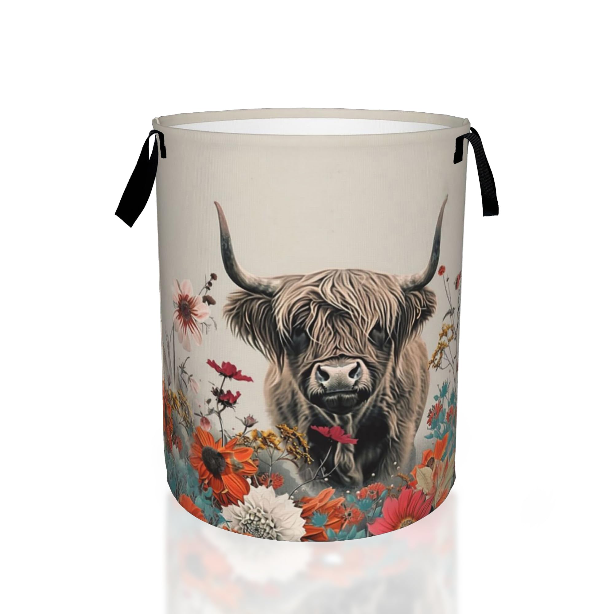 Highland Cow with Flowers Laundry Basket,Waterproof Laundry Hamper,Collapsible Organizer Basket for Storage Bin Toy Bins, Dirty Clothes Laundry Basket for Living Room/Bathroom/Bedroom