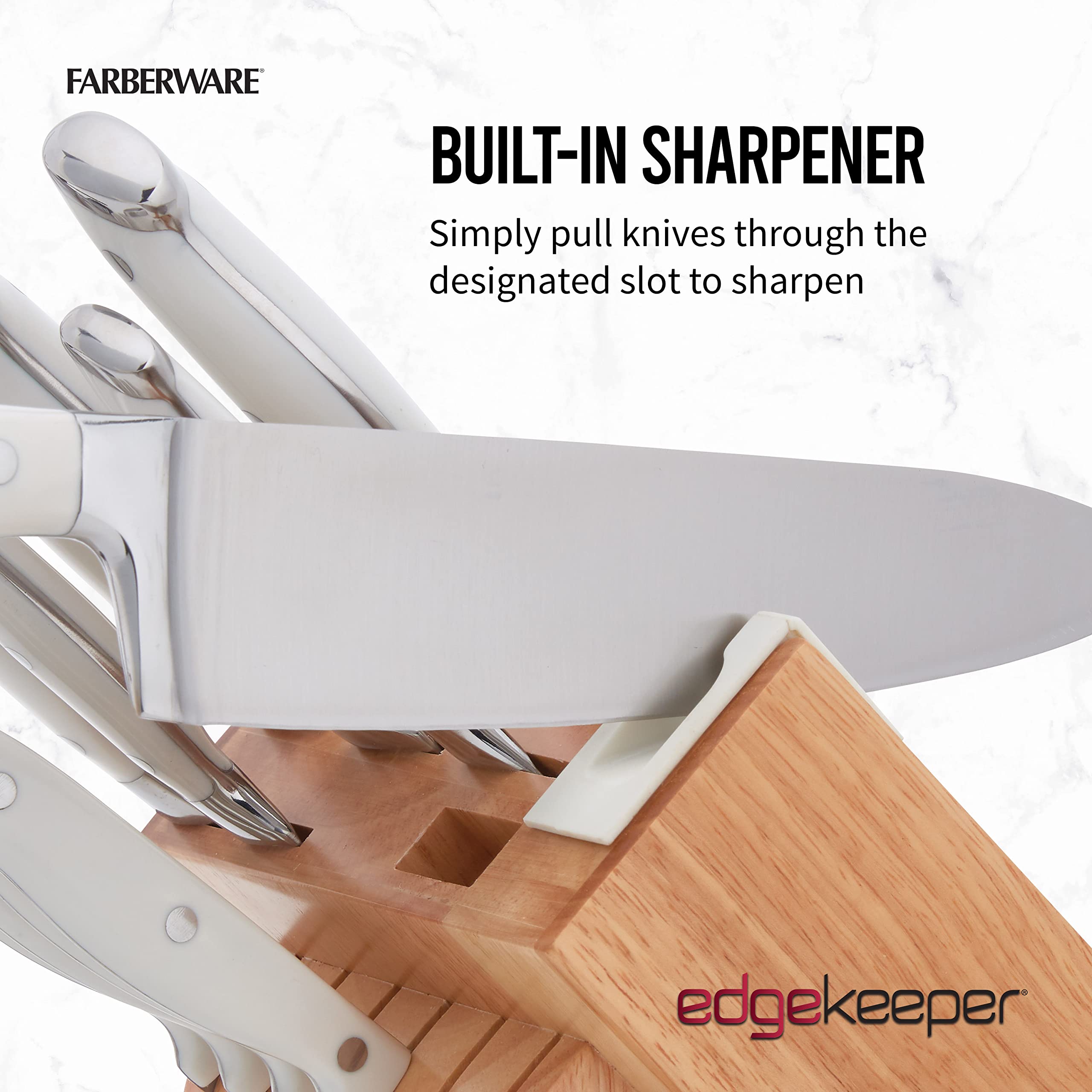 Farberware Edgekeeper Professional 15-piece Forged Triple Riveted Knife Block Set with Built-in Edgekeeper, White