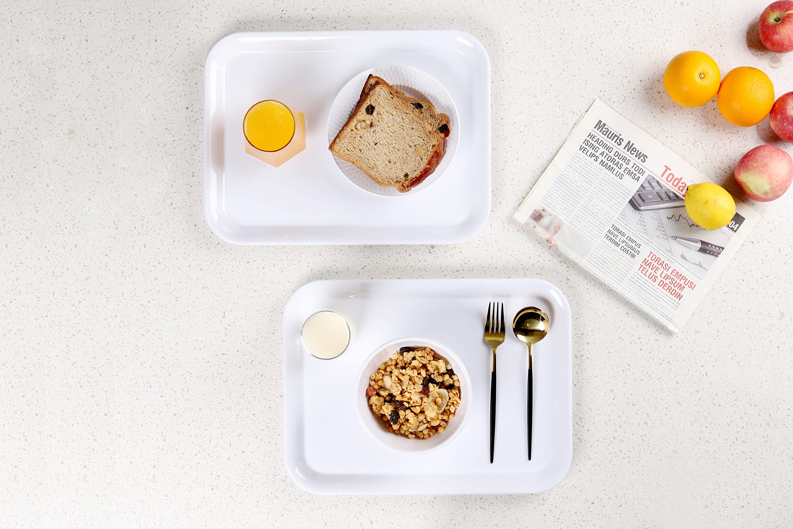 FlosSolis 15.1"x11.3" White Serving Tray Set of 2, Melamine Rectangular Serving Tray/Platters Stackable Sturdy and Easy Clean for Serving Food,Fruit,Desserts,Breakfast,Meals,BPA Free