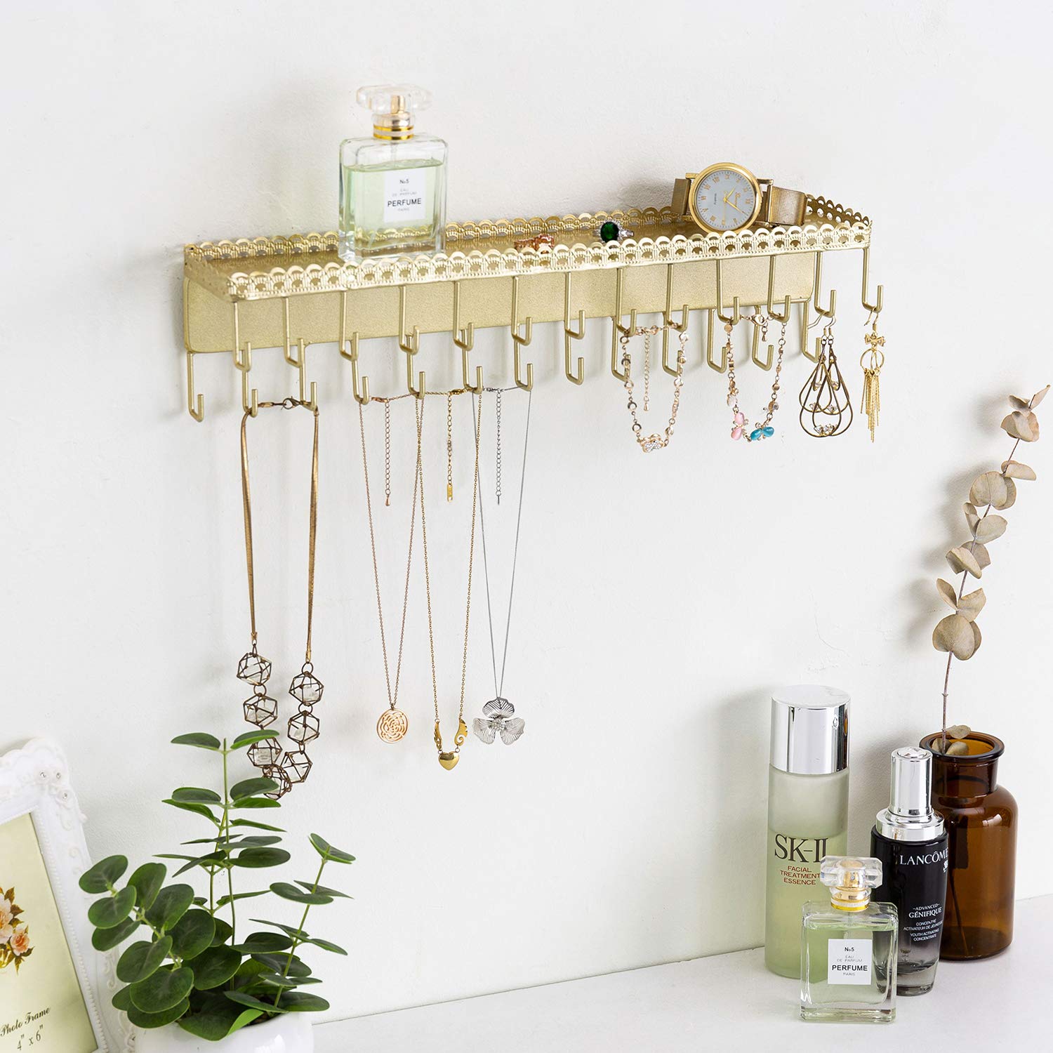 MyGift 26-Hook Gold-Tone Wall-Mounted Metal Jewelry Organizer with Display Shelf