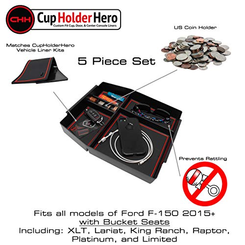 CupHolderHero for Ford F150 Accessories 2015-2020 Premium Custom Interior Non-Slip Anti Dust Center Console Organizer Tray with Liner Mats, 5-pc Set (Bucket Seat) (Blue Trim)